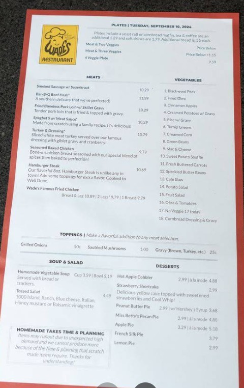 Wade’s Restaurant Menu – Classic Southern Comfort Food in Spartanburg, SC