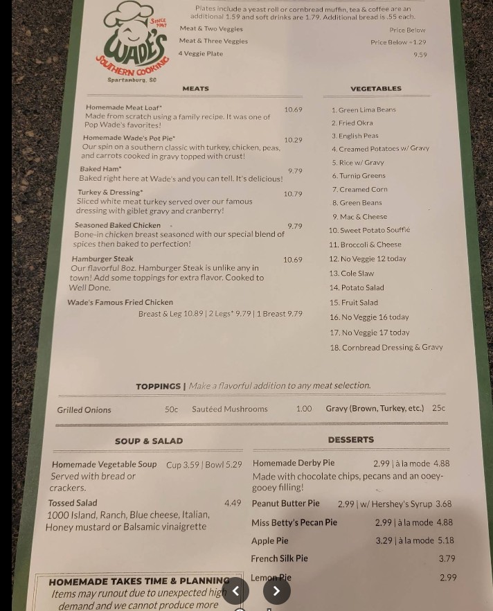Wade’s Restaurant Menu – Classic Southern Comfort Food in Spartanburg, SC